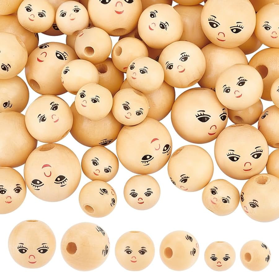 60Pcs 3 Style Smiling Face Wooden Beads Round Painted Wooden Beads with ...