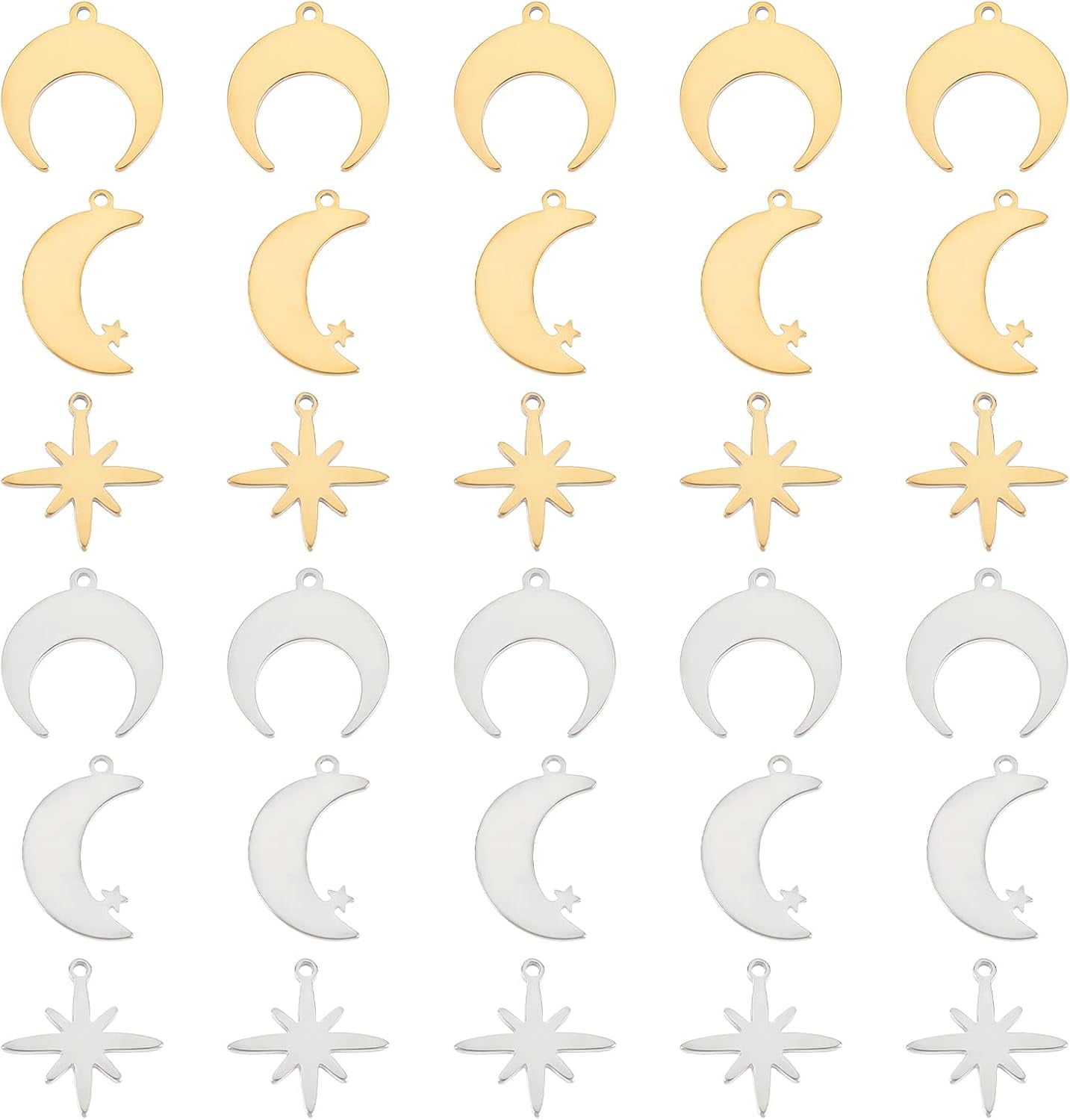 60Pcs 3 Styles Moon and Star Charm Golden Crescent Moon/Eight Pointed ...