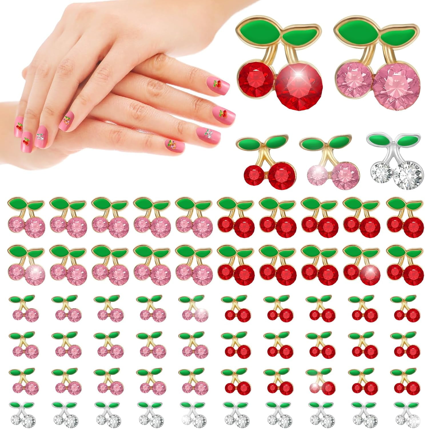 60Pcs 3D Cherry Nail Charms Crystal Diamond Jewels Rhinestones Cherry ...