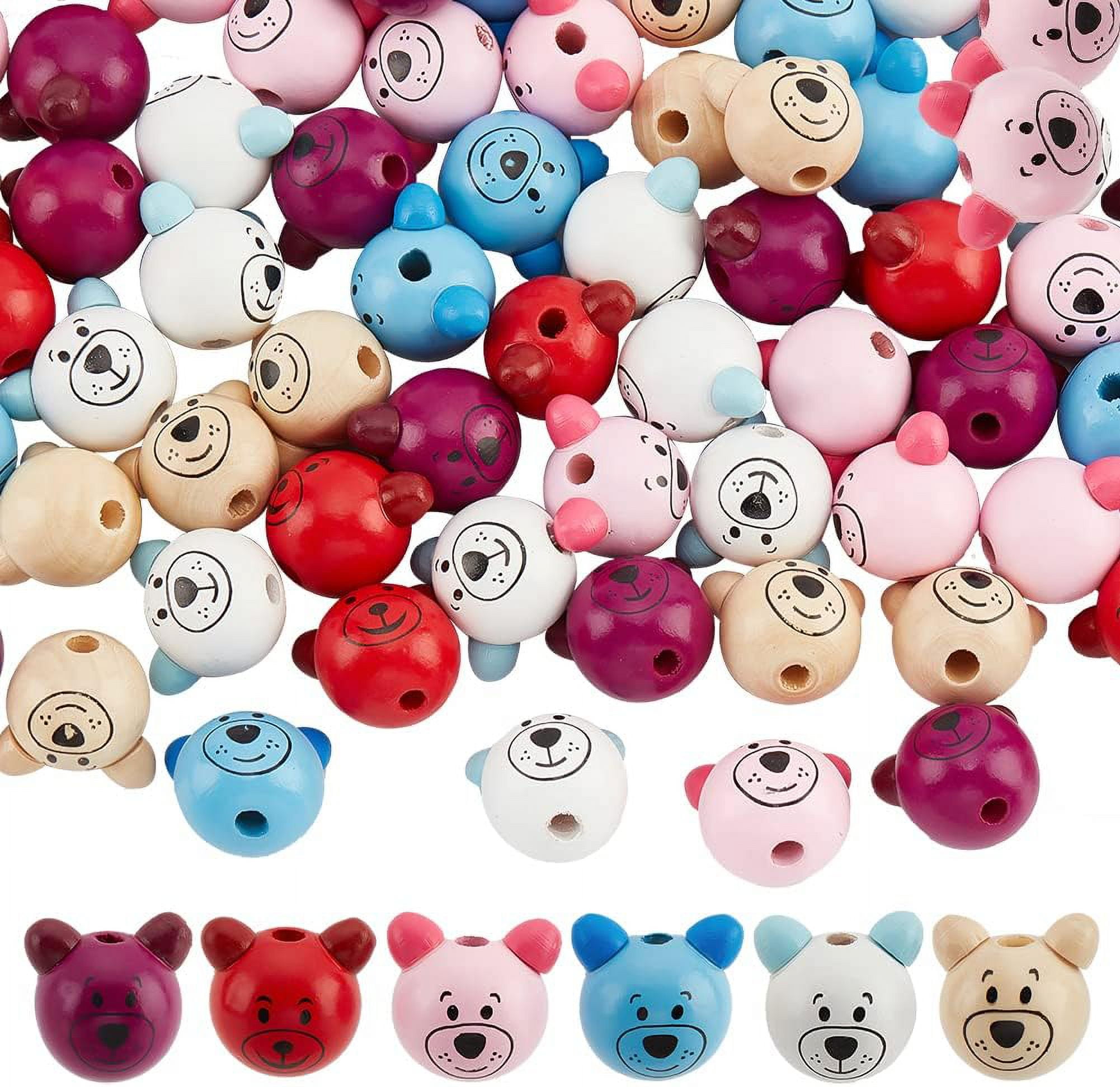 60Pcs 5 Styles Printed Natural Wooden Beads Bear Head Dyed Mixed Color ...