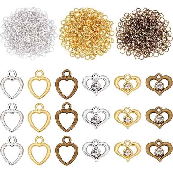 60Pcs 6 Style Heart Alloy Pendants Love Heart Pendant with Rhinestone ...