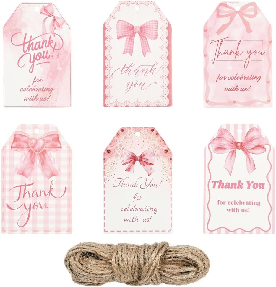 60Pcs 6 Styles Pink Thank You Tags Paper Hanger Tags with Hemp Rope ...