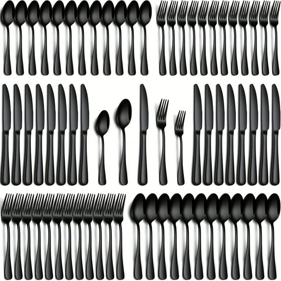 60Pcs Black Stainless Steel Cutlery Set with Gift Box - 12-Person Steak ...