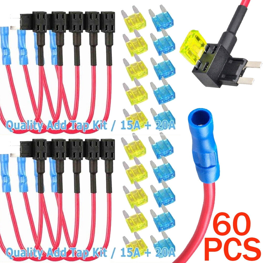 60Pcs Fuse TAP ADAPTER KIT 12V 15 Amp 20Amp Car Add-a-circuit Mini ATM ...