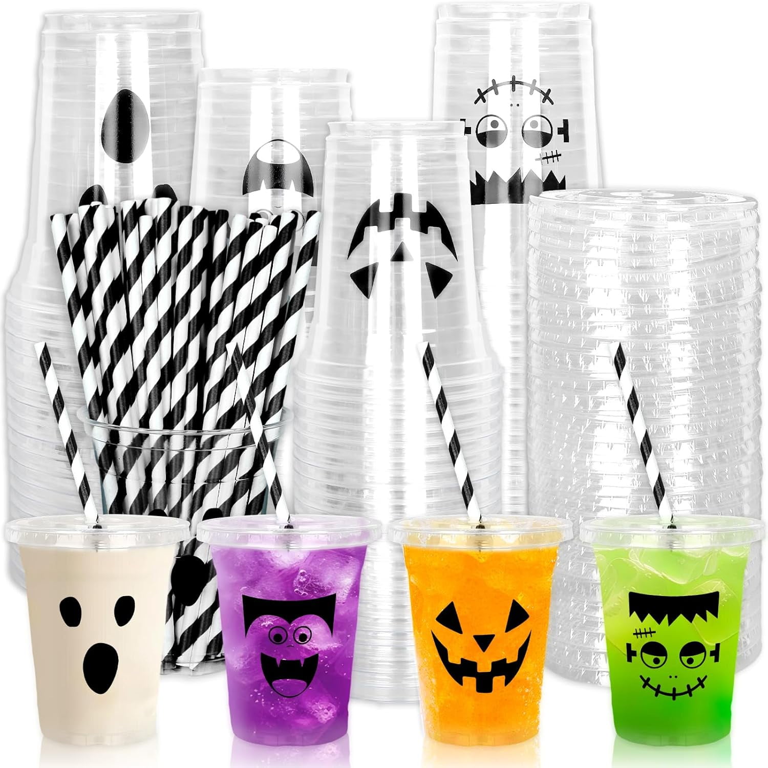60Pcs Halloween Disposable Plastic Cups with Lids and Straws 12oz Jack ...