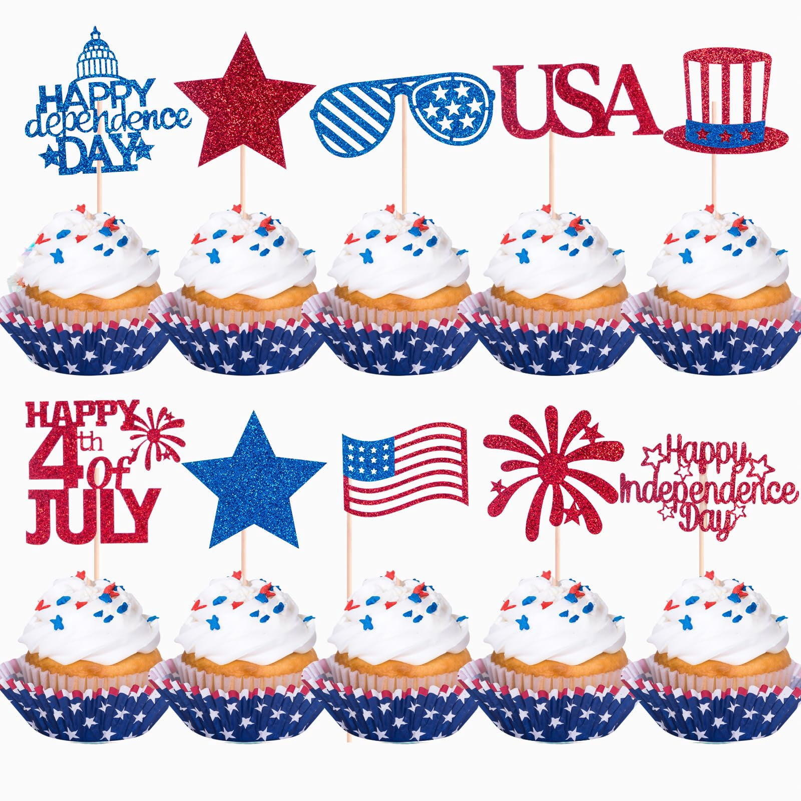 60Pcs Independence Day Cupcake DEF29 Toppers,Glitter 4th of July ...