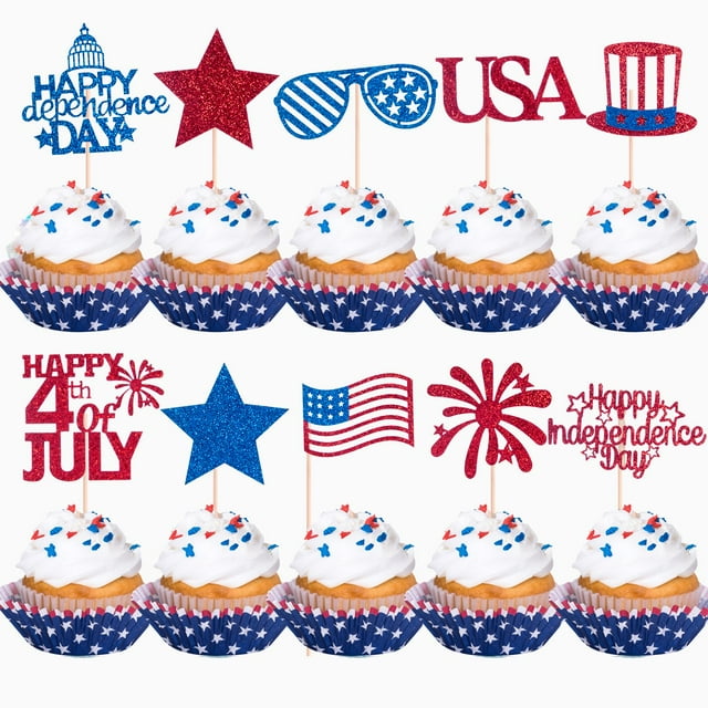 60Pcs Independence Day Cupcake OKA4 Toppers,Glitter 4th of July Cupcake ...