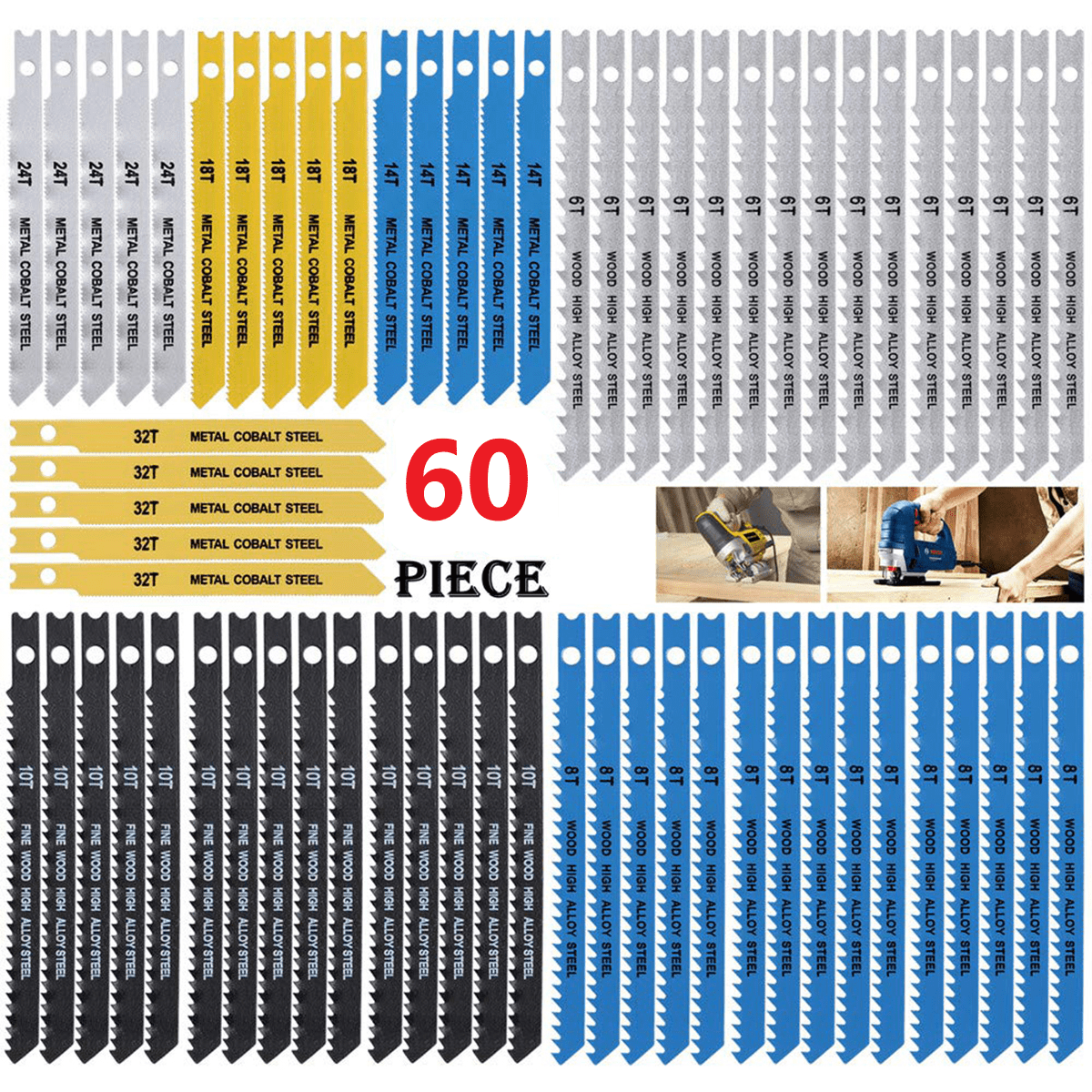 60Pcs Jig Saw Blade Set High Carbon Steel Assorted Saw Blades with T ...