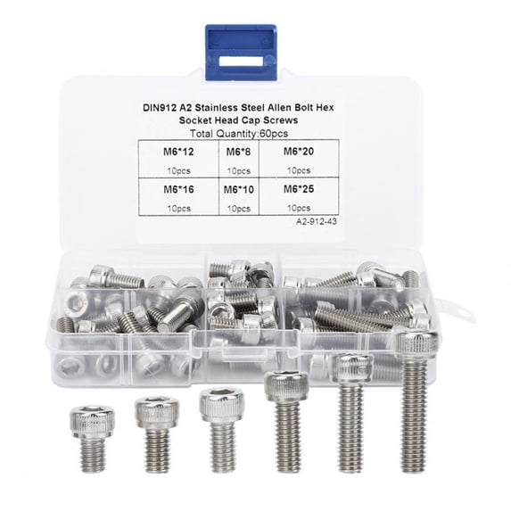 60Pcs M6x8/10/12/16/20/25 Cup Head Hex Socket Screw Set Stainless Steel ...