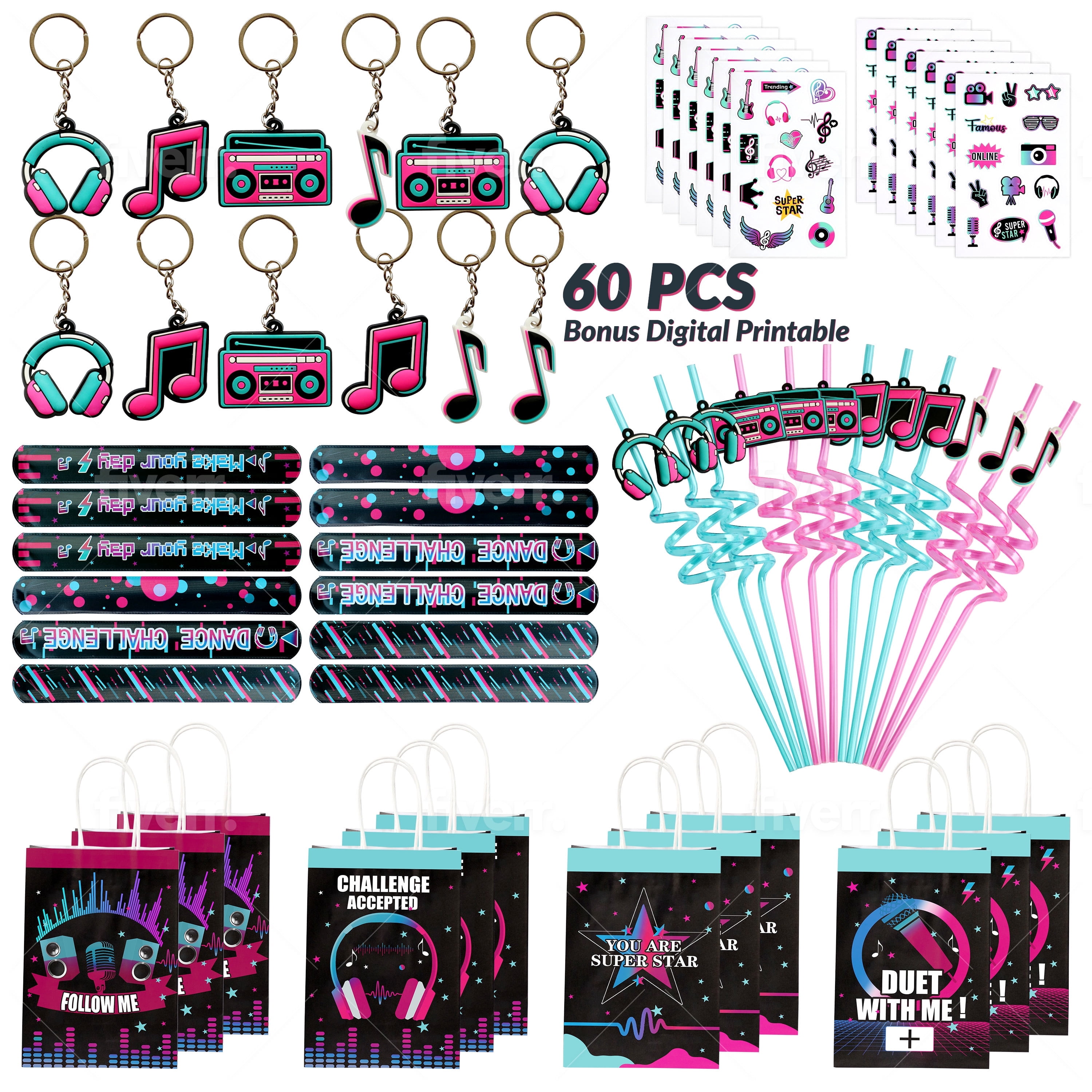 60Pcs Music Party Supplies Set: Treat Bag, Straw, Keychain, Wristband ...