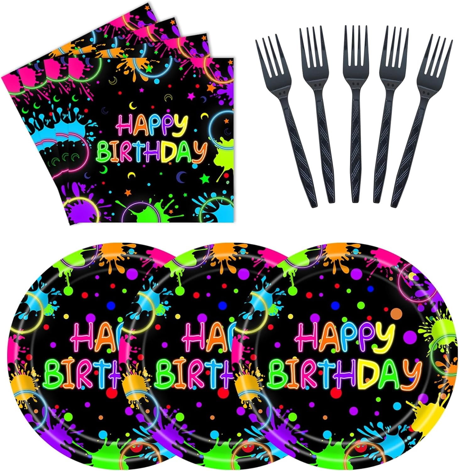 60Pcs Neon Birthday Plates and Napkins Party Supplies,7 Inch Neon Paper ...