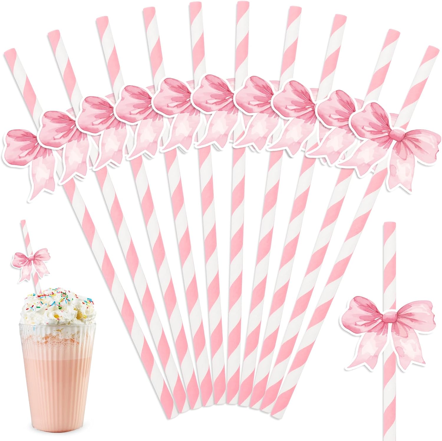 60Pcs Pink Bow Paper Straws Tying the Knot Bride Bach Decor Coquette ...