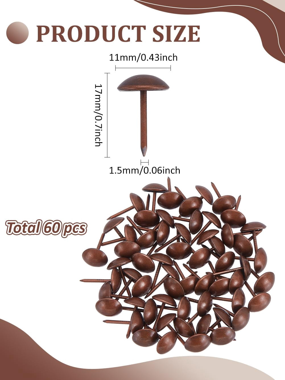 60Pcs Red Copper Iron Round Head Nails Sofa Foam Nails Iron Vintage ...