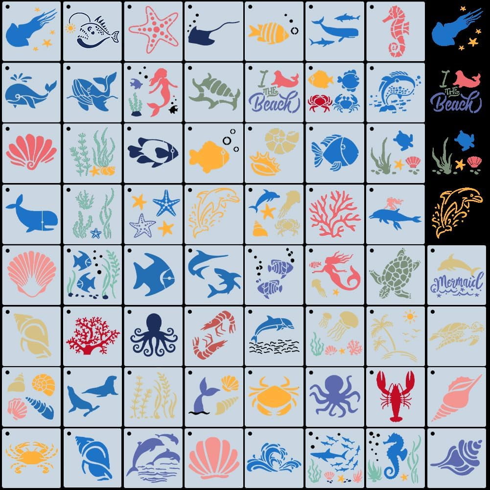 60Pcs Sea Animals Plastic Stencil Reusable Summer Ocean Creature Drawing Template Octopus Fish ...