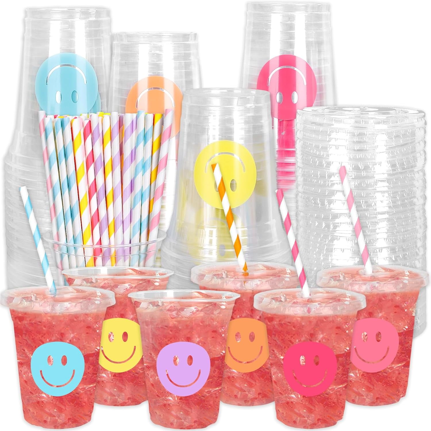 60Pcs Smile Face Disposable Plastic Cups with Lids and Straws 12oz ...