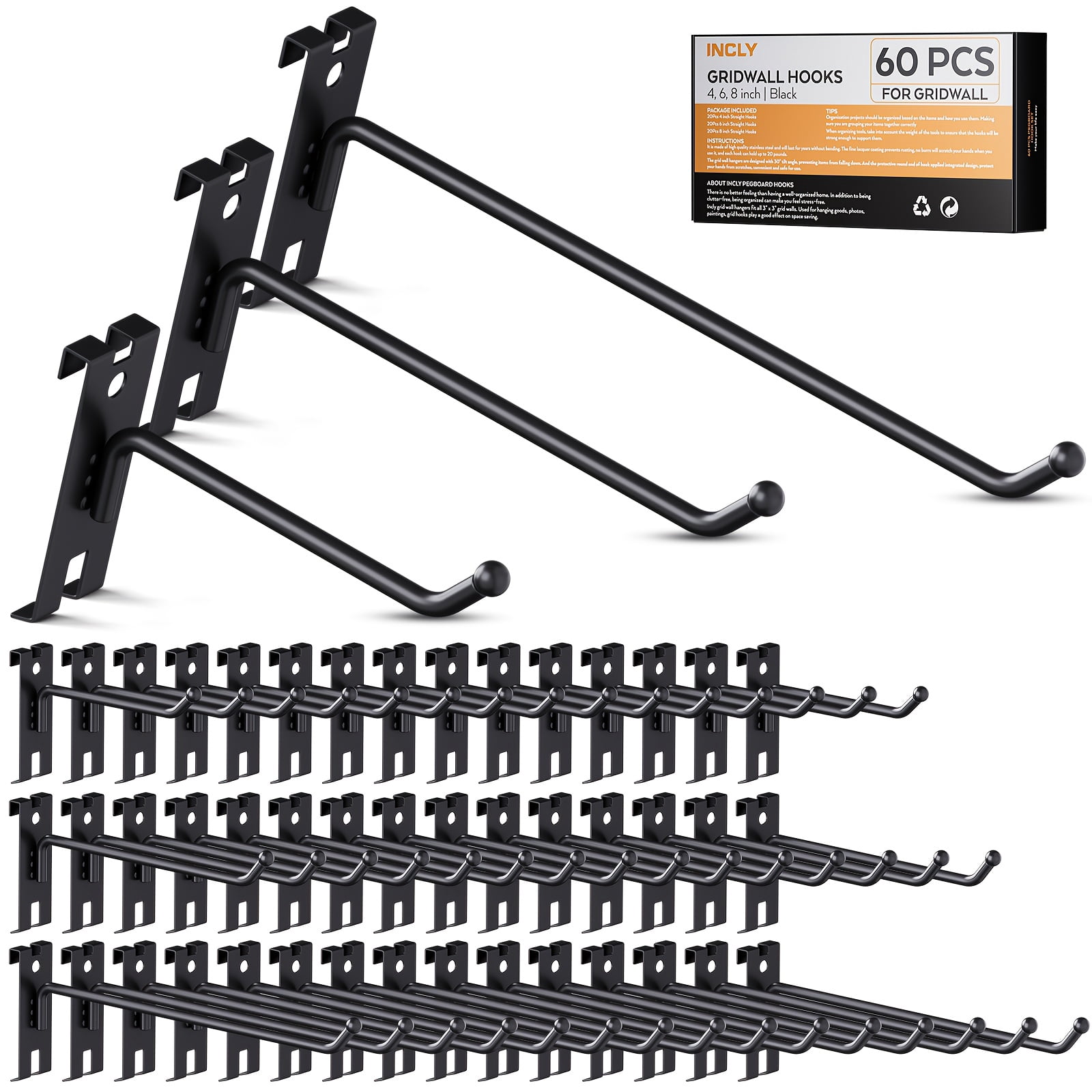 60Pcs Sturdy Black Gridwall Hooks, 2/4/6 Inch Mixed Sizes, Heavy Duty ...