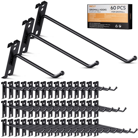 60Pcs Sturdy Black Gridwall Hooks, 2/4/6 Inch Mixed Sizes, Heavy Duty ...