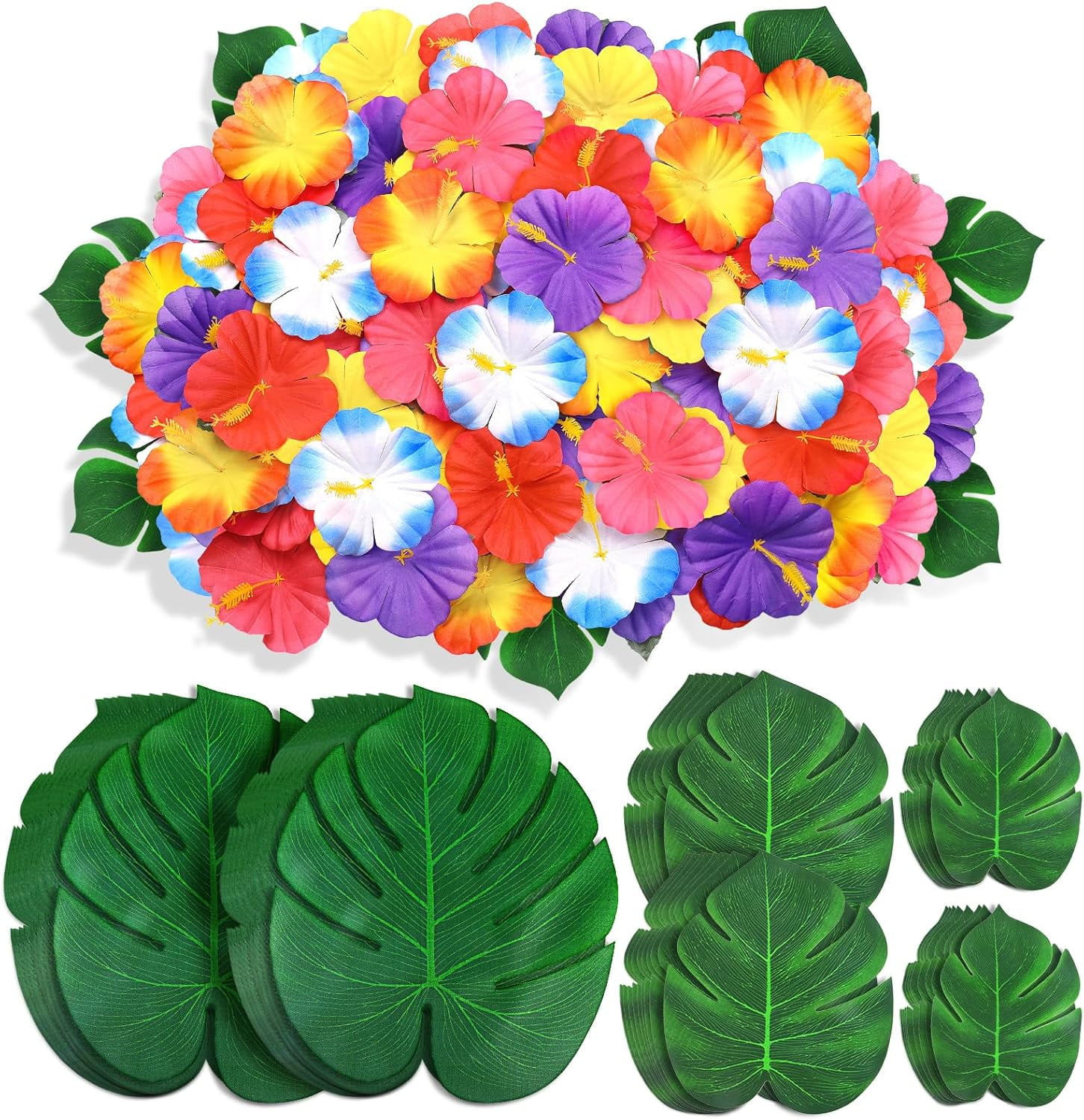 60Pcs Tropical Party Decorations Supplies Tropical Palm Leaves Hibiscus ...