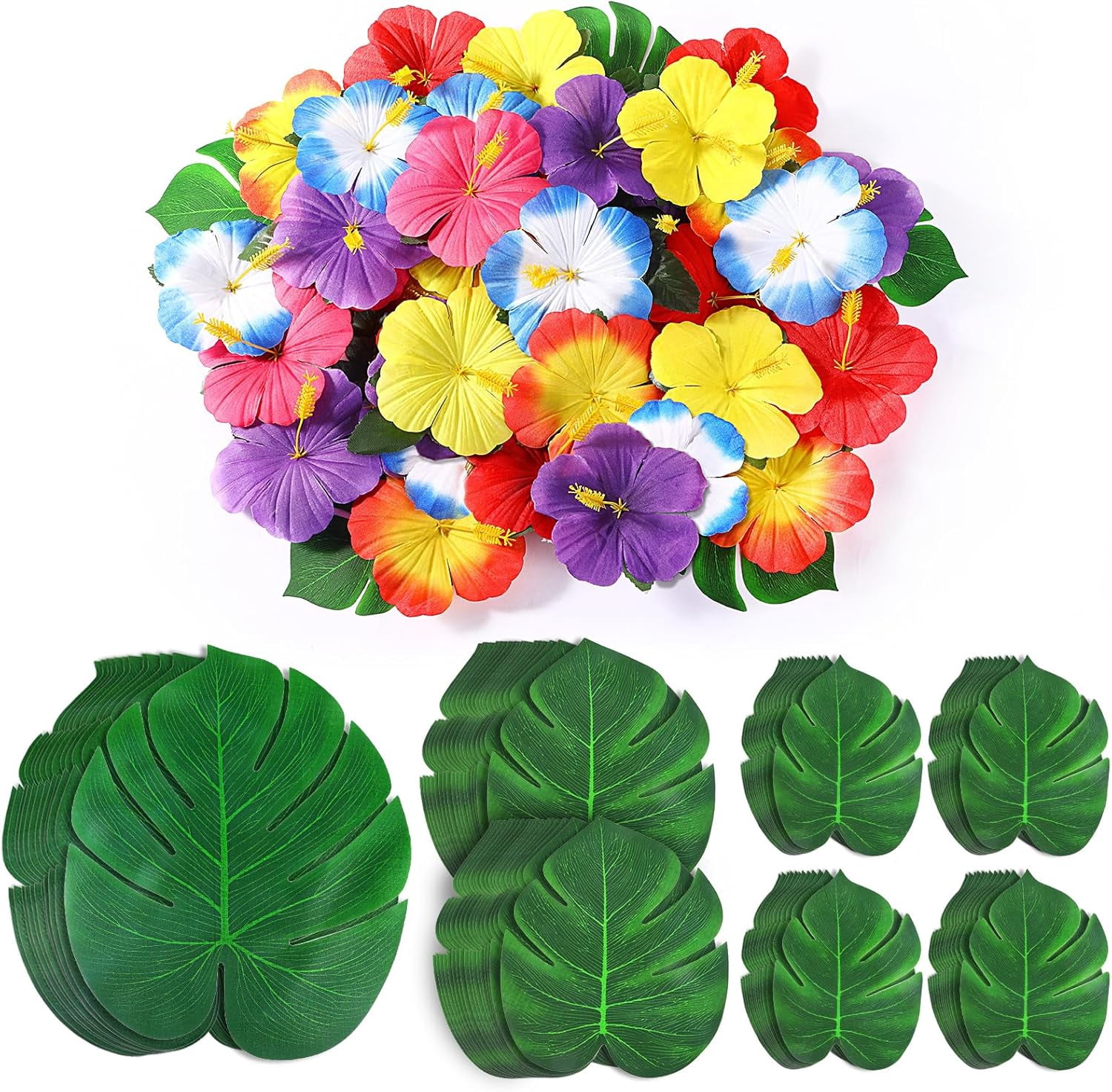 60Pcs Tropical Party Decorations Supplies Tropical Palm Leaves Hibiscus ...