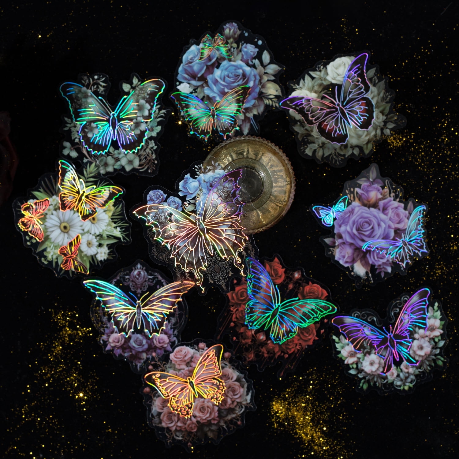 60Pcs Vintage Gothic Holographic Shiny Butterfly Flower Stickers ...