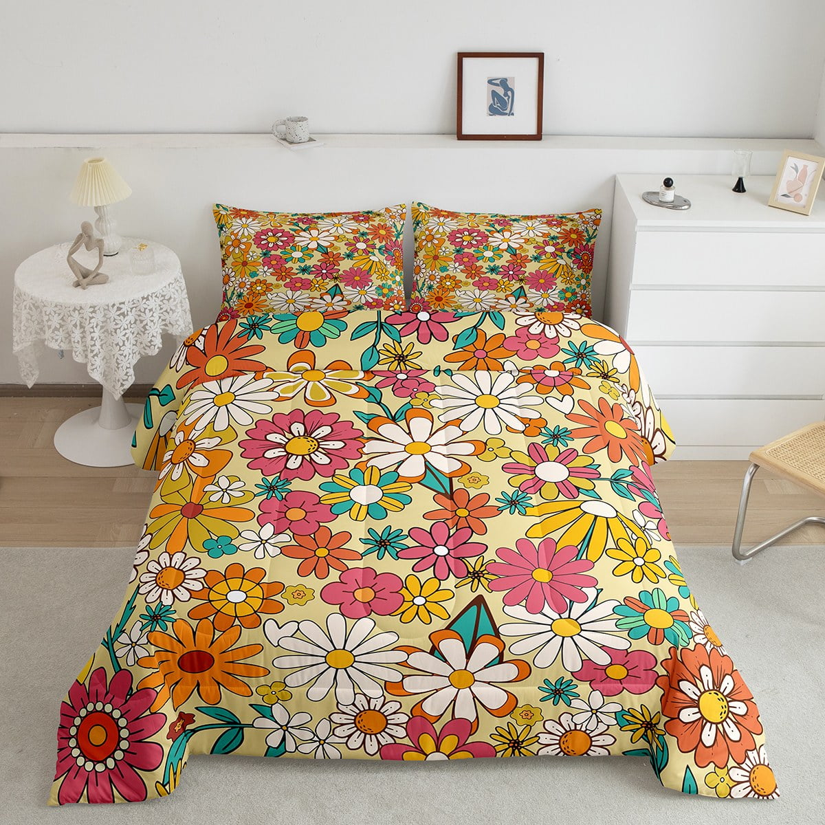 60S 70S Hippie Flower Comforter Set, Groovy Floral Bedding Set Full ...