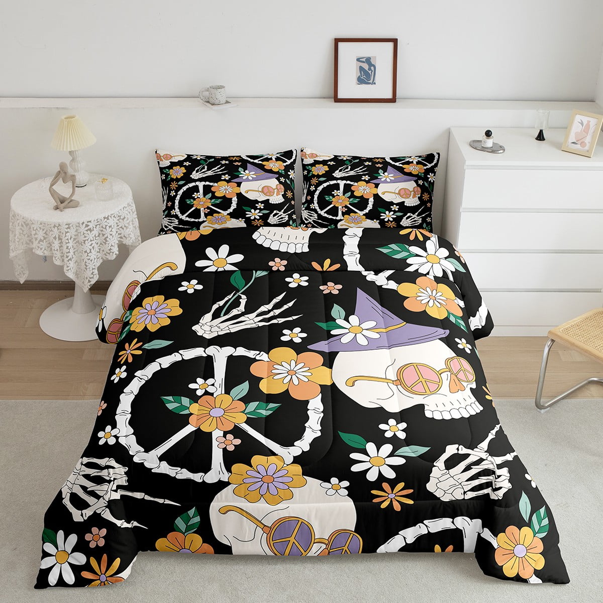 60S 70S Style Halloween Comforter Set Hippie Peace Sign Skull Bedding ...