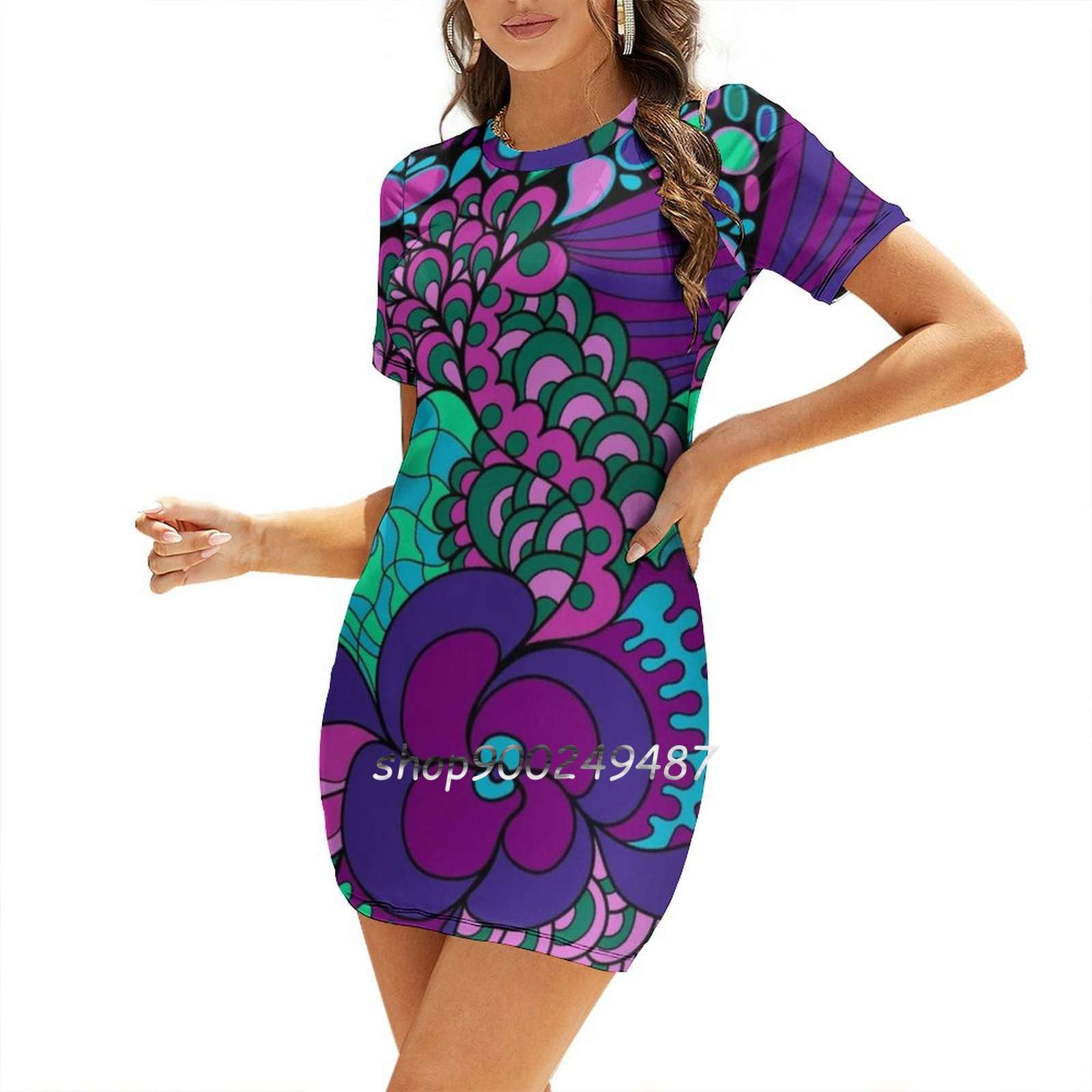 60S Hippie Psychedelic Pattern Flare Dress Square Neck Dress Elegant ...