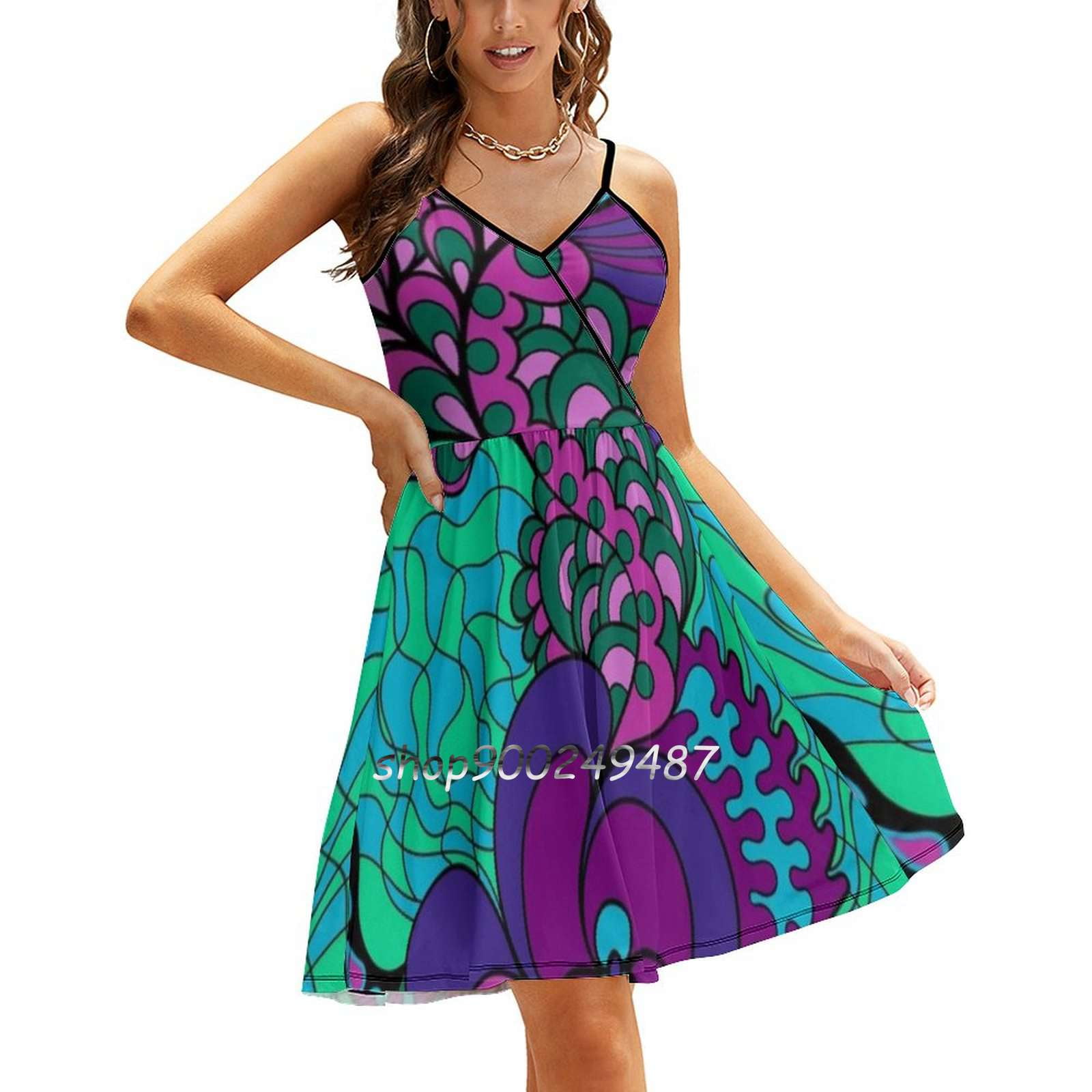 60S Hippie Psychedelic Pattern Flare Dress Square Neck Dress Elegant ...
