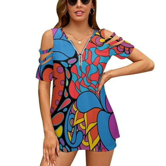 60S Hippie Psychedelic Pattern Print O-Neck Off-The-Shoulder Top Short ...