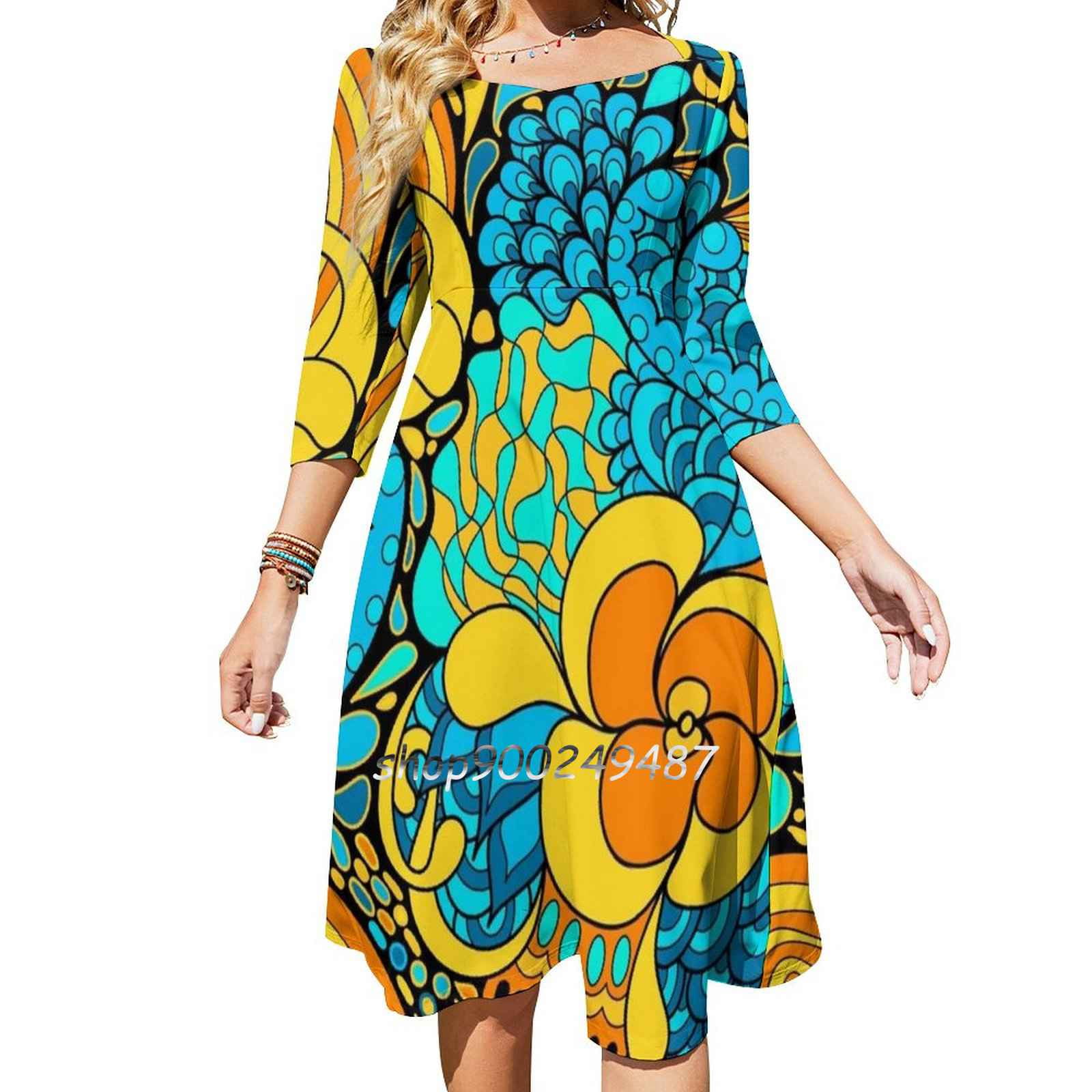 60S Hippie Psychedelic Pattern Sweet Elegant Dress Women Korean Kawaii ...