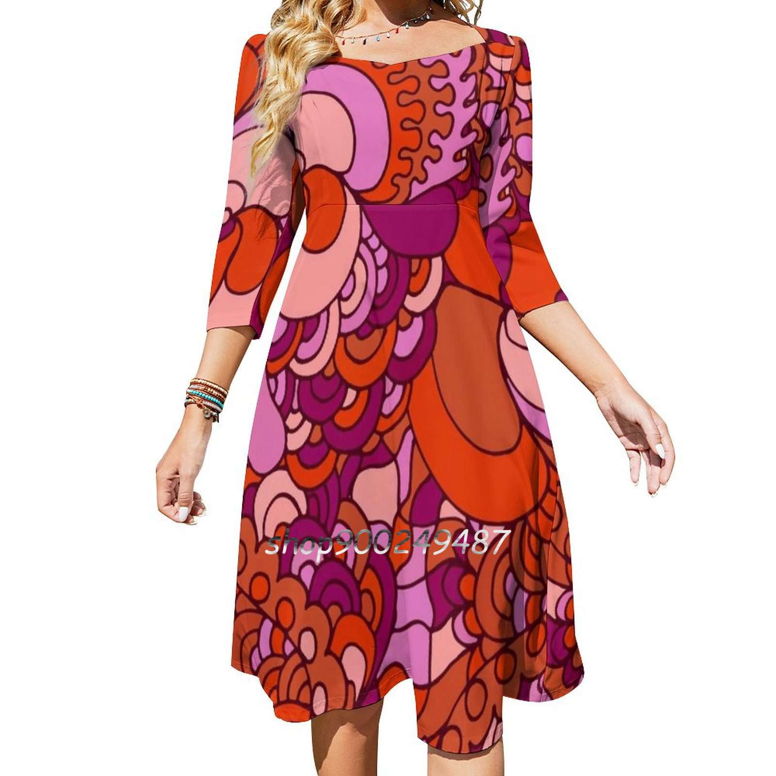 60S Hippie Psychedelic Pattern Sweetheart Knot Flared Dress Fashion ...