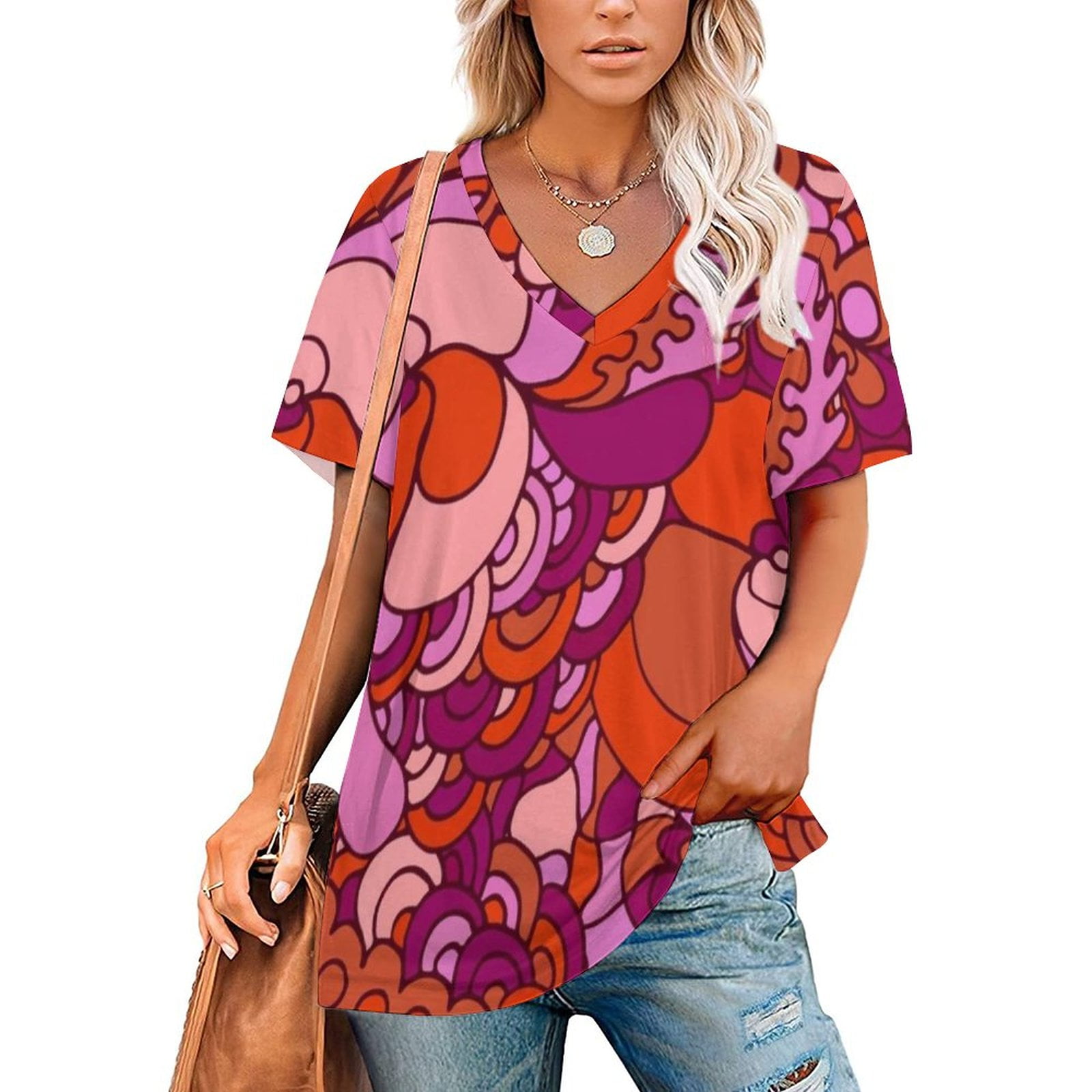 60S Hippie Psychedelic Pattern Women Short Sleeve Tops O-Neck Hollow ...