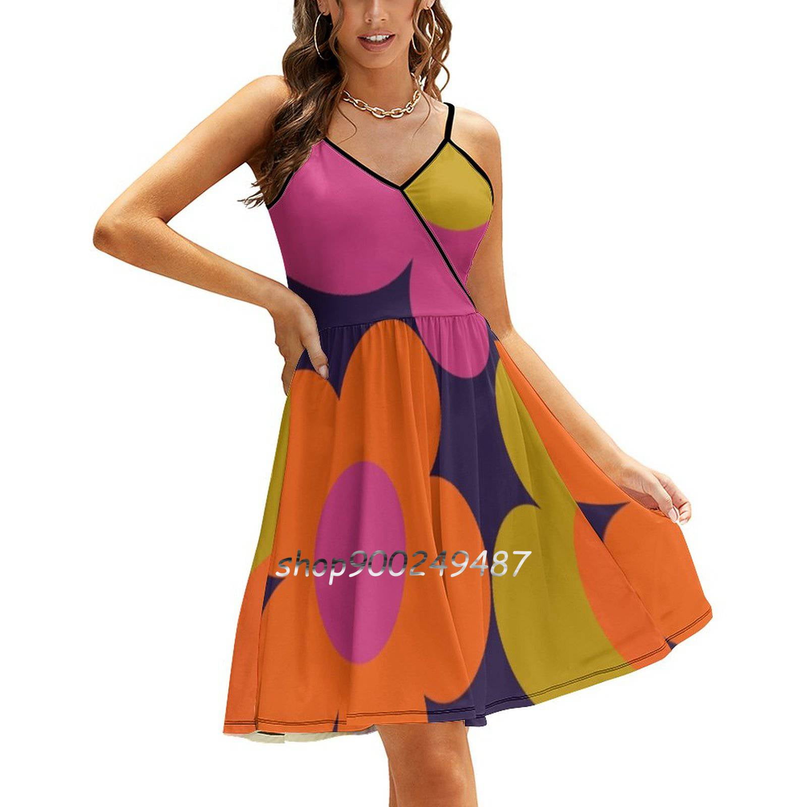 60S Style Neon Flowers Sweet Elegant Dress Women Korean Kawaii Square ...