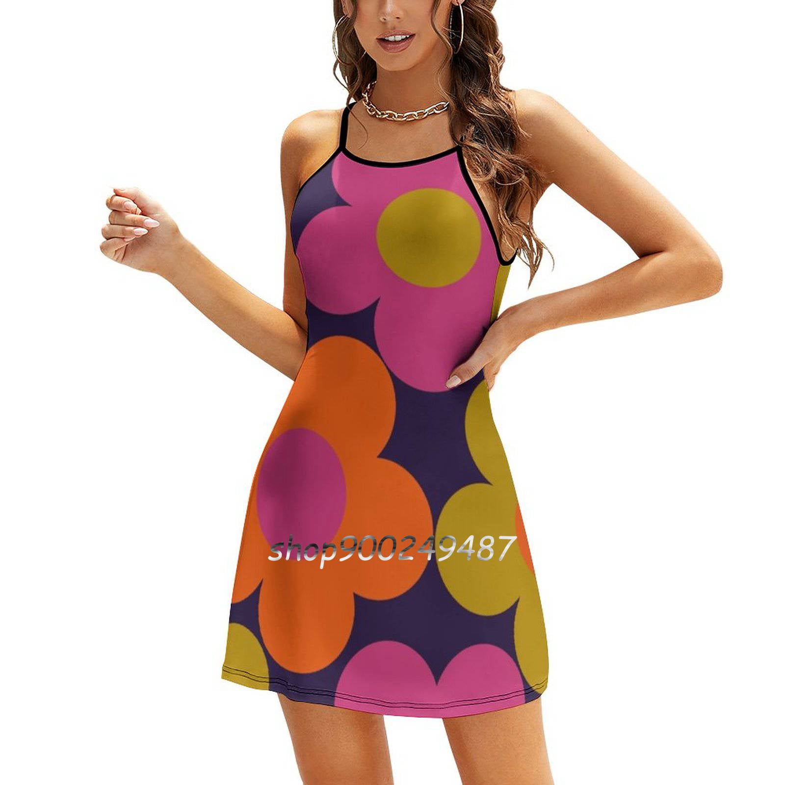 60S Style Neon Flowers Sweet Elegant Dress Women Korean Kawaii Square ...