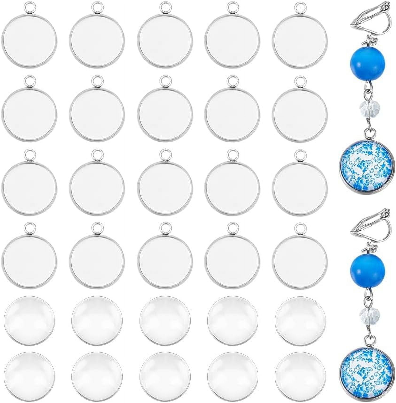 60Sets Flat Round Blank Dome Pendant Making Kit Stainless Steel ...