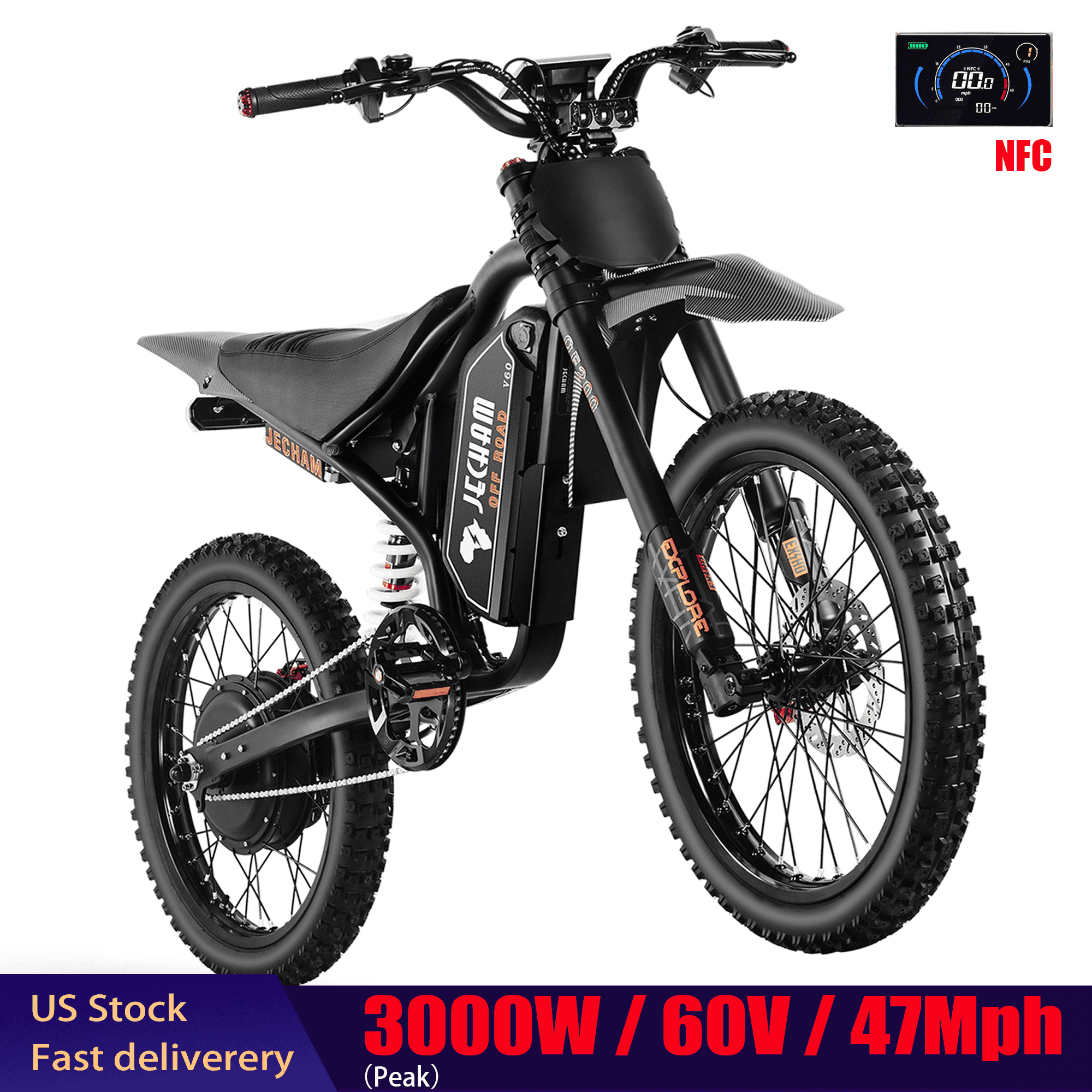 60V 32AH Jecham QF200 PRO Off-Road E-Bike,3000W Peak Motor 45+ MPH Top ...