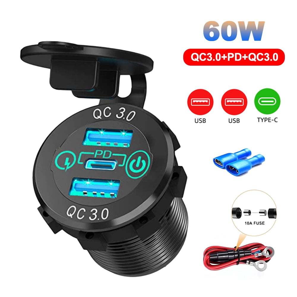 60W 12V/24V Outlet USB C Car Charger Socket Cigarette Lighter PD & 18W ...