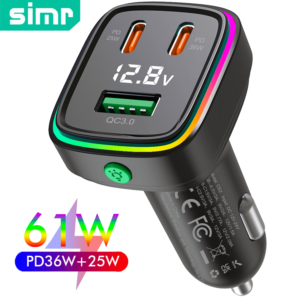 SIMR Car Charger USB C 60W Fast Charging Adapter Voltage Display LED ...