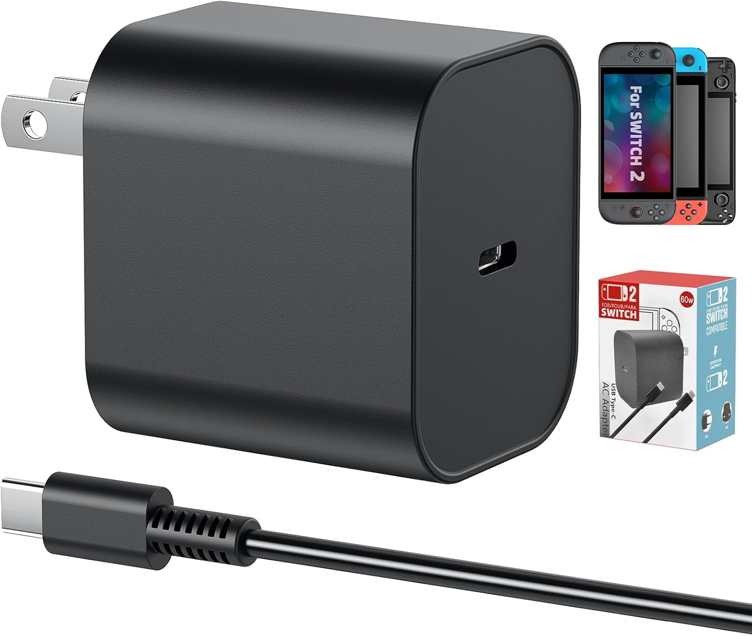 60W Fast Charger for NS Switch 2 - AC Adapter with 4.9FT Detachable ...