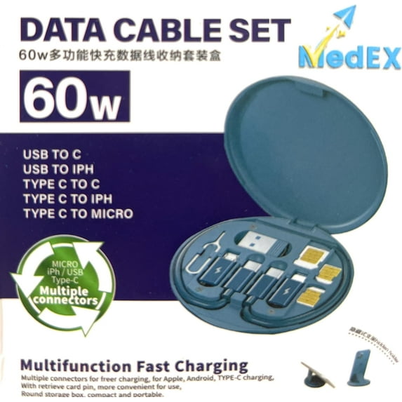 60W Travel Charger Set – 6-in-1 Multi USB Cable Kit with Case | Type-C ...