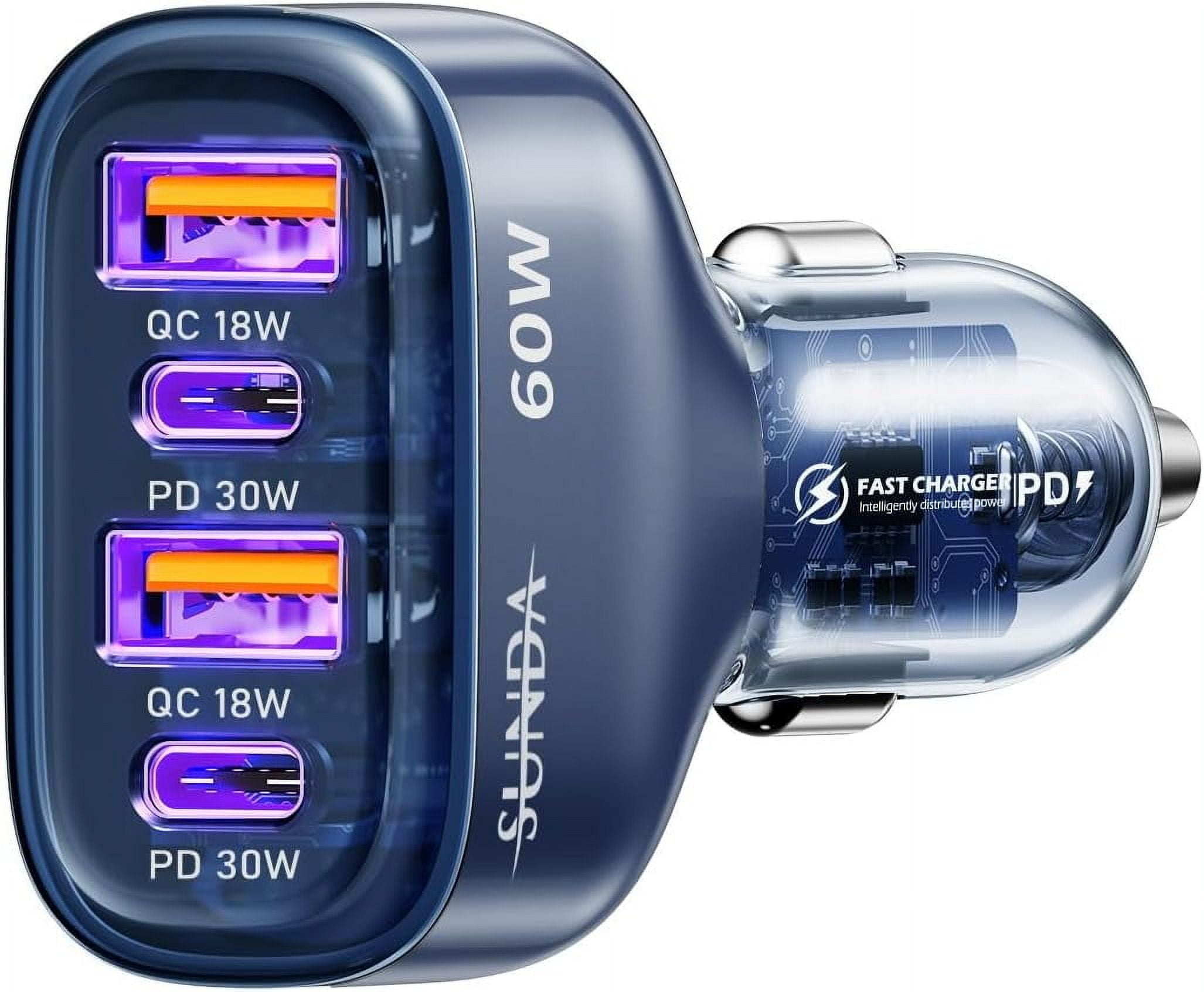 60W USB C Fast Car Charger, 4-Ports Car Charger Adapter, Dual Type C PD30W/PPS30W Compatible ...