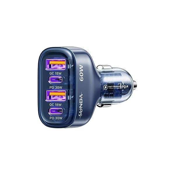 60W USB C Fast Car Charger, 4-Ports Car Charger Adapter, Dual Type C PD30W/PPS30W Compatible ...