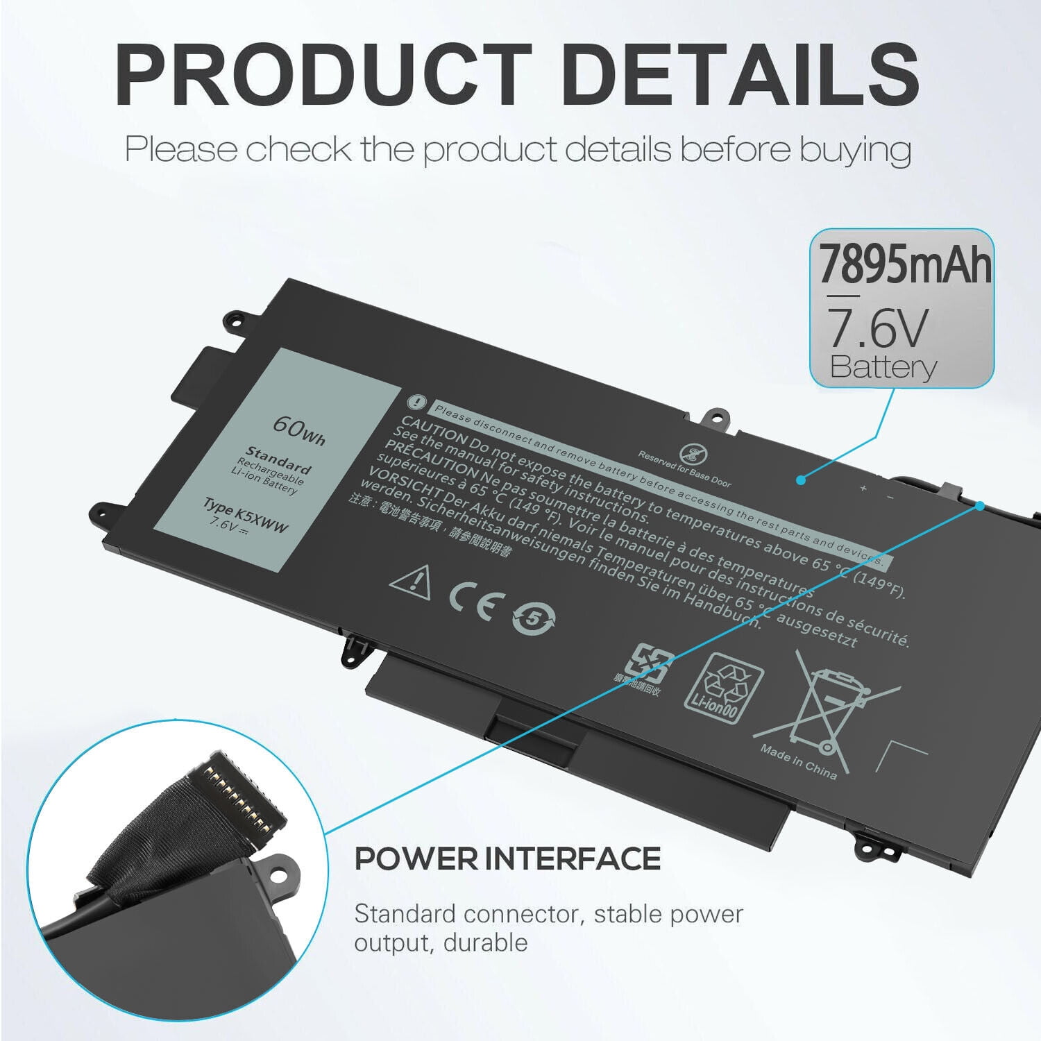 60Wh K5XWW 6CYH6 Laptop Battery For Dell Latitude 5289 7389 7390 ...