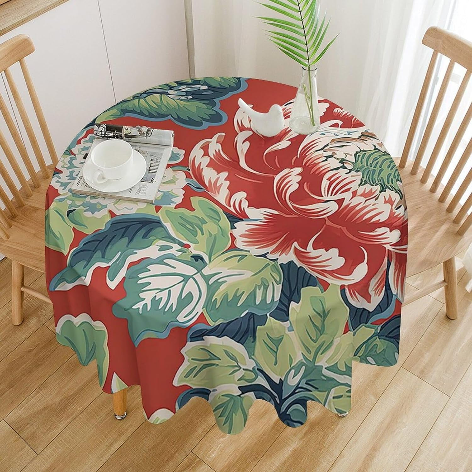 60X60In Round Tablecloths Table Decoration Chinoiserie Red Peony Floral ...