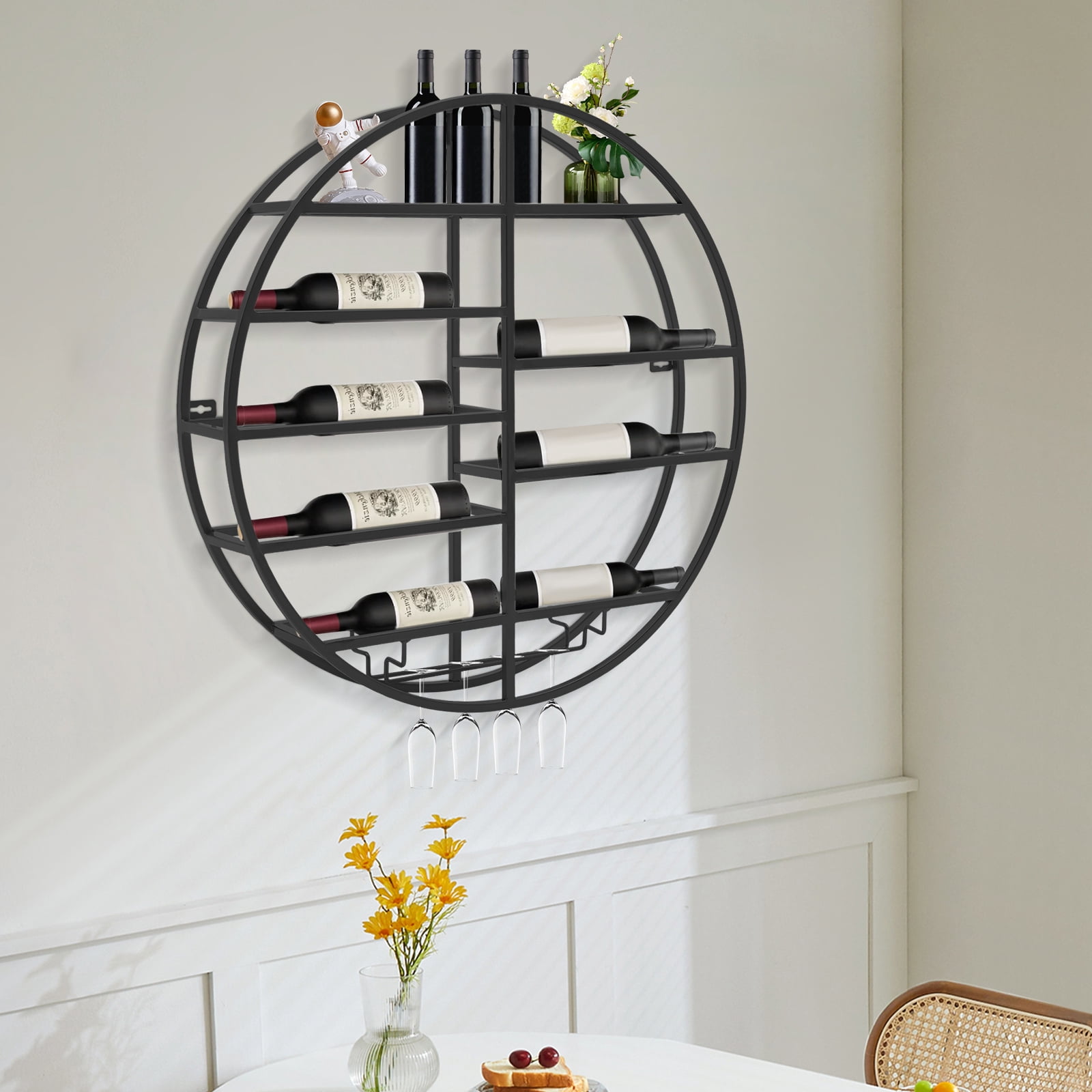 60cm Black Round Wall Mounted Round Wine Rack Large Capacity Wine ...