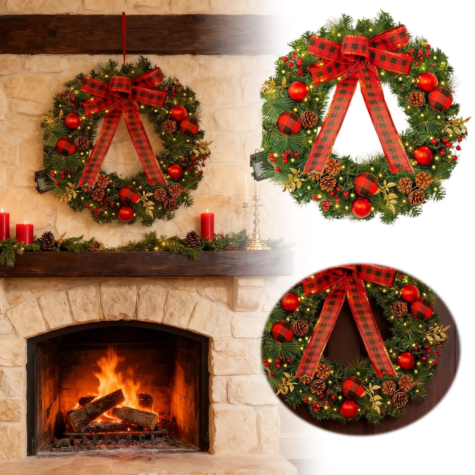 60cm Flocked Christmas Wreath with Green Holiday for Front Door Wall ...