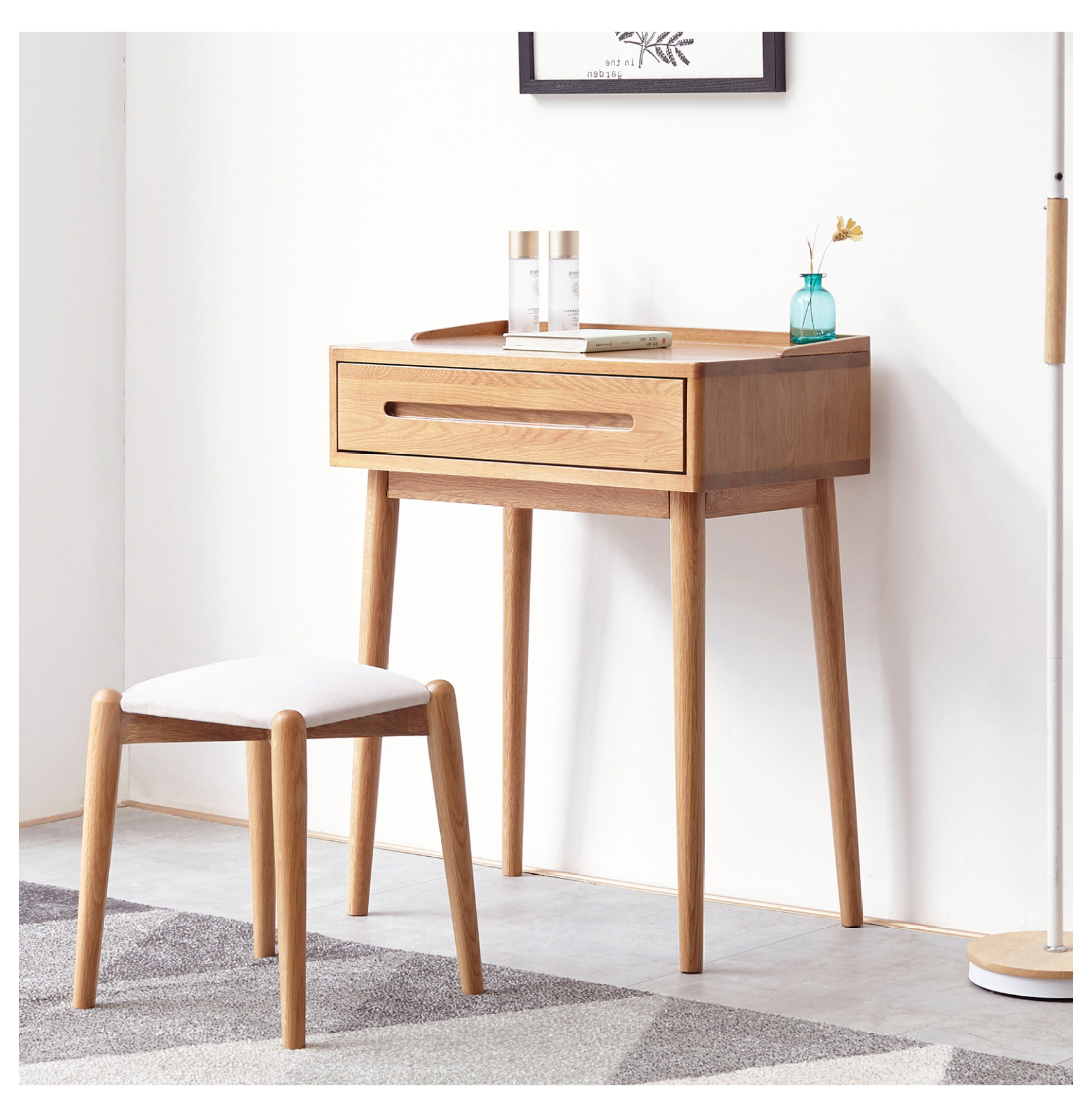 60cm Solid Wood Dresser Table with Storage Drawer, Compact Natural Wood ...