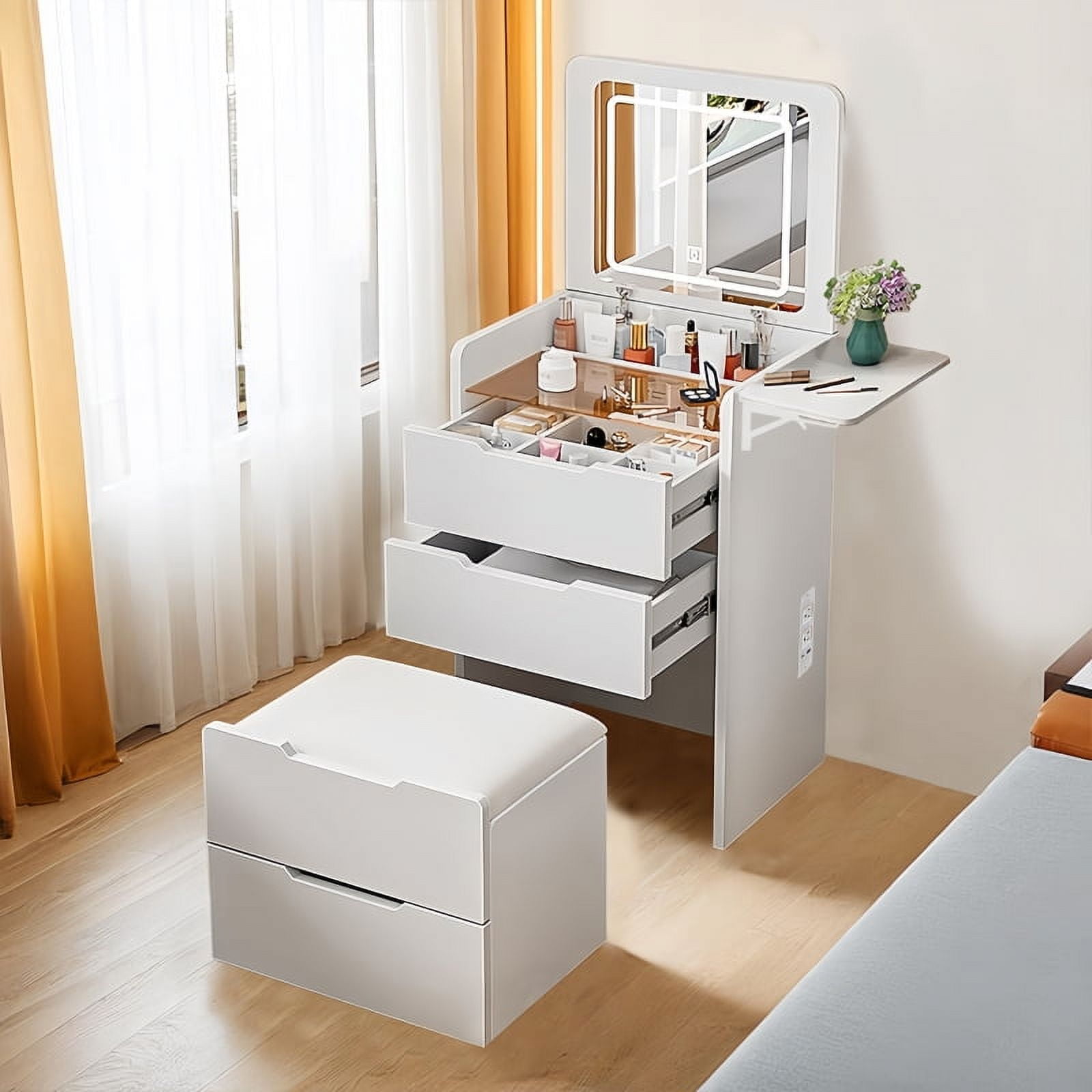 (60cm)(Walnut) 3 in 1 Vanity Desk with Plip Top Mirror, Small Make Up ...