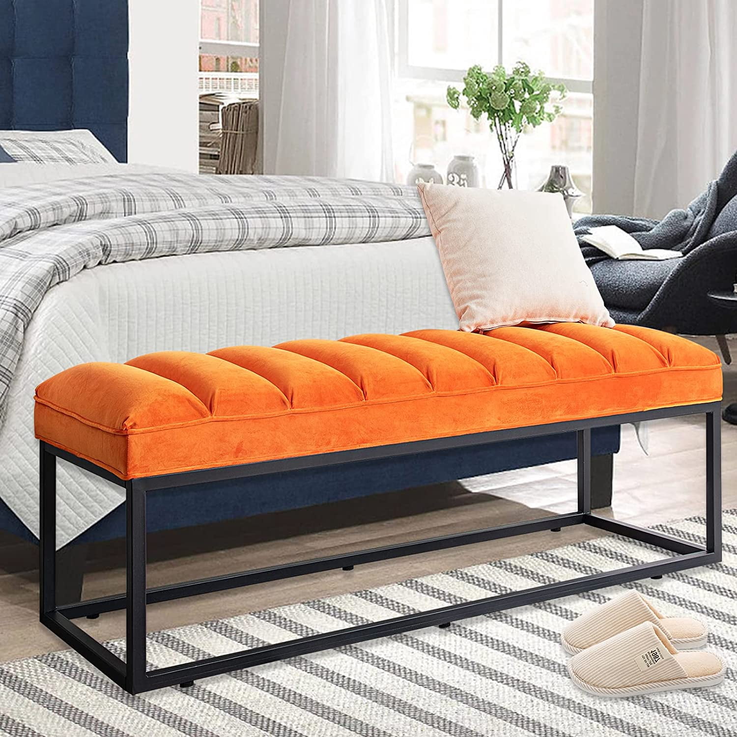 60in Button-Tufted Leather Indoor Bench Black Upholstered Shoe Bench ...