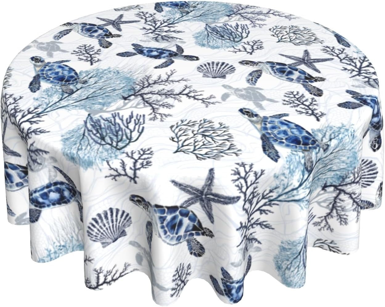 60in Sea Turtles Round Tablecloth, Nautical Coastal Blue Tortoise Table ...